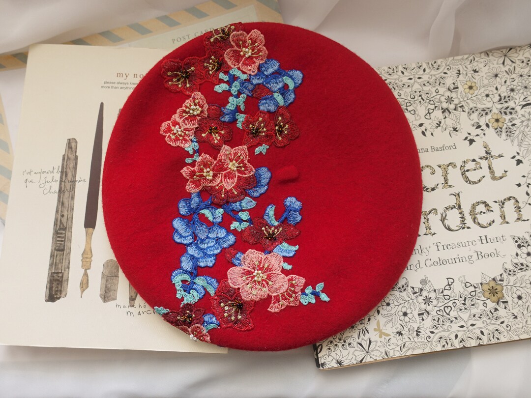 Red Wool Beret With Floral Embroidery and Bead Embellishment Elegant ...