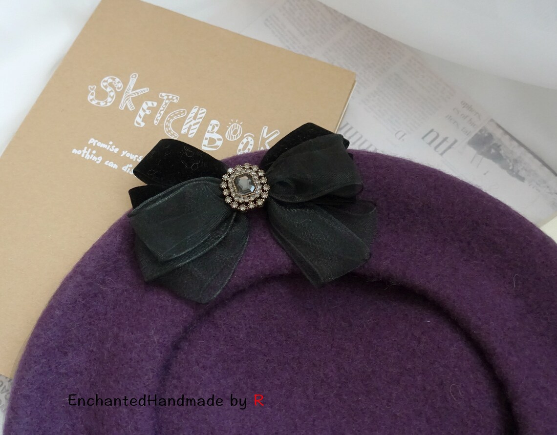Plum Purple Wool Felt Beret Hat With Black Velvet Ribbon Bow - Etsy