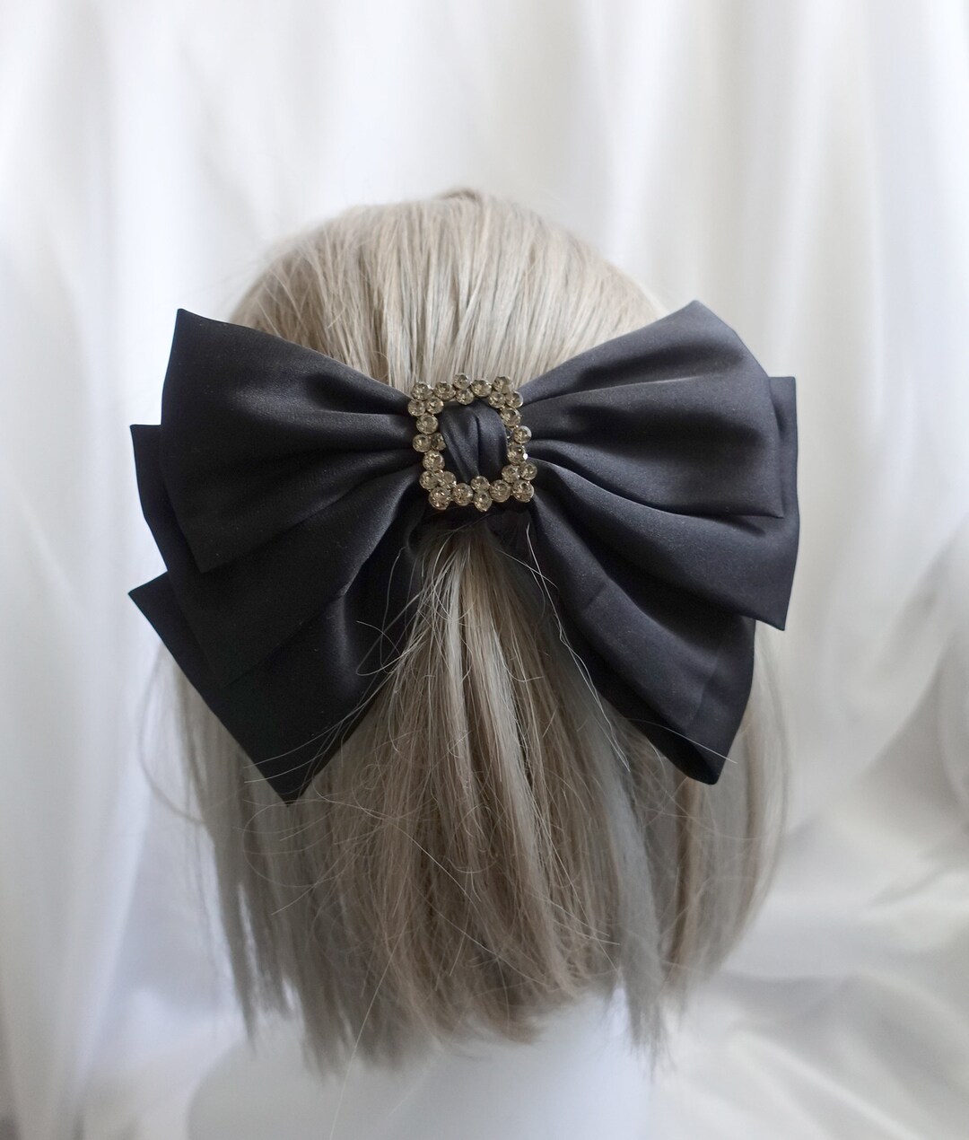Glamorous Big Black Hair Bow Three Layers of Satin With Sparkling ...