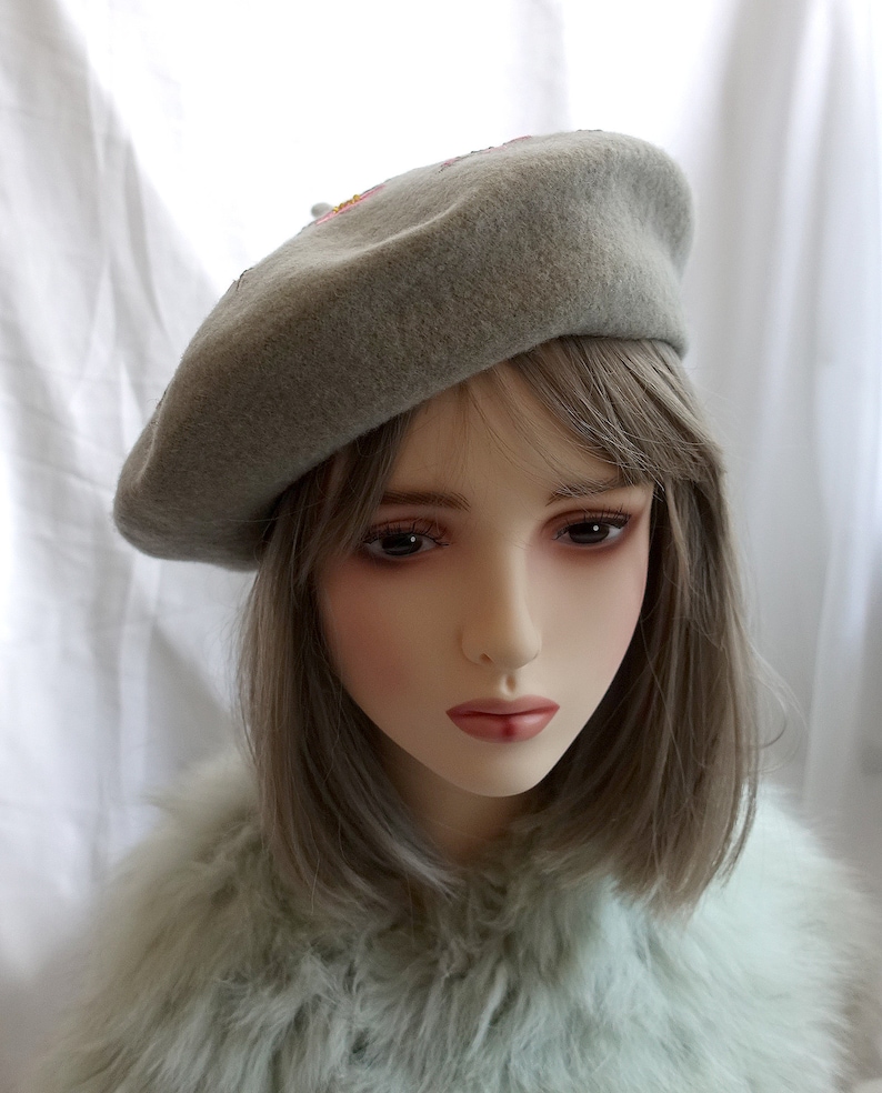 Unique Sage Green Wool Beret With Embroidered Pink Cherry Blossom Back ...