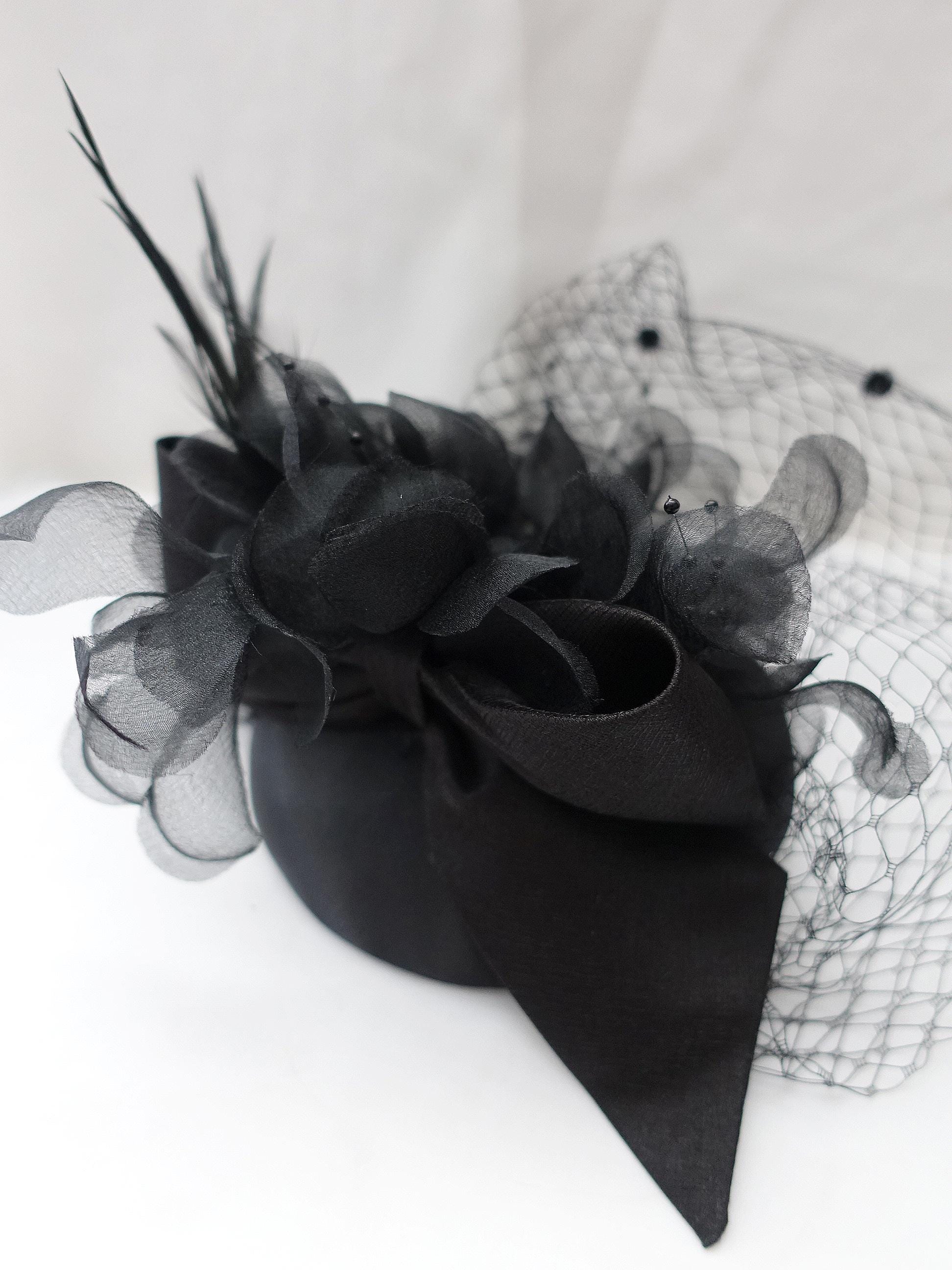 Black Flower Fascinator Hat With Veil & Feathers – Gothic Bridal ...