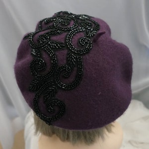 Art Deco Style Plum Purple Wool Beret With Black Vine Beads - Vintage ...