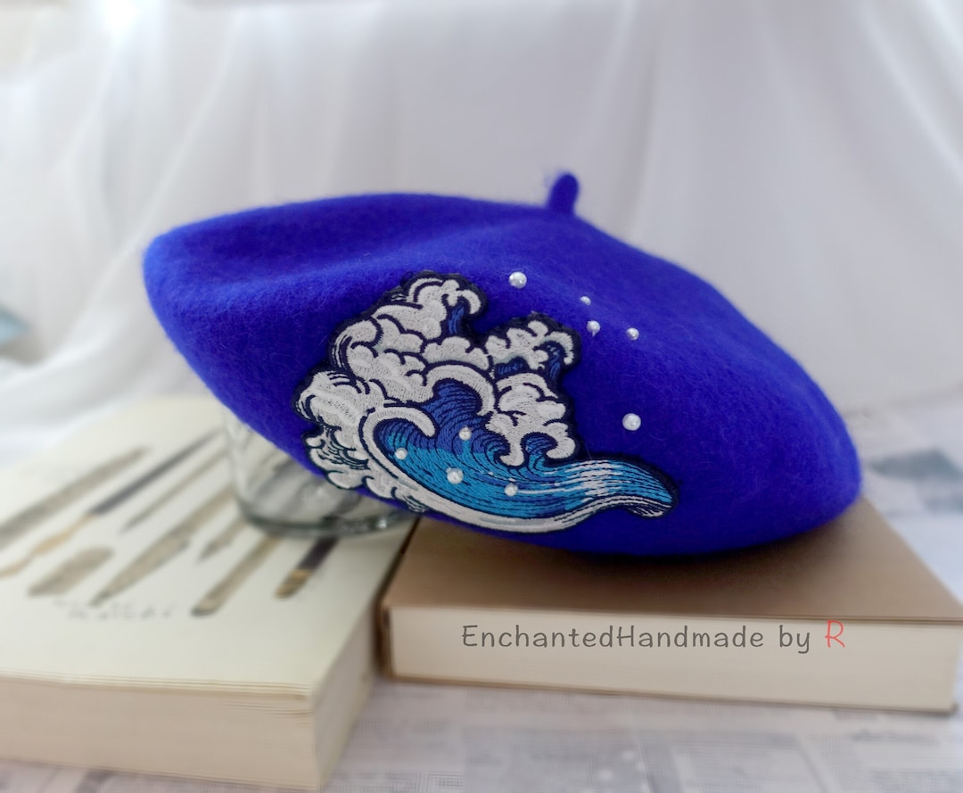 Royal Blue Wool Felt Beret Hat With Embroidered Ocean Waves, Blue Beret ...