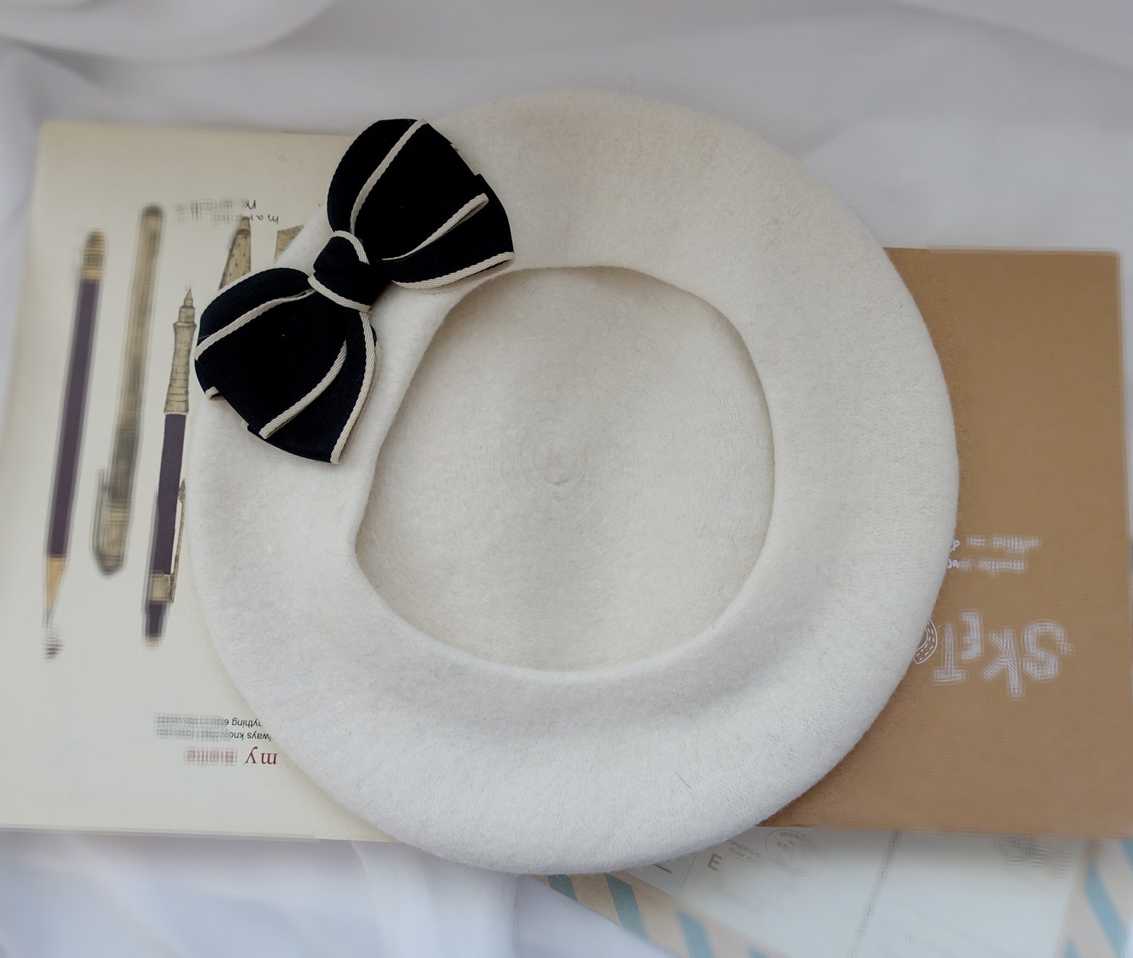 Classic French-inspired Cream White Beret With Delicate Black Bow ...