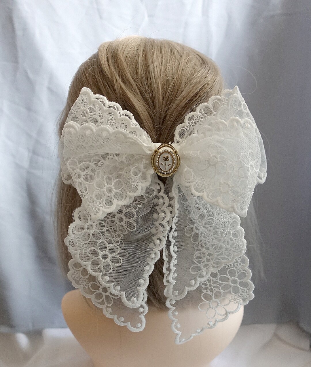 Elegant White Lace Flower Pattern Bow Ideal for Wedding, Baptism, or ...