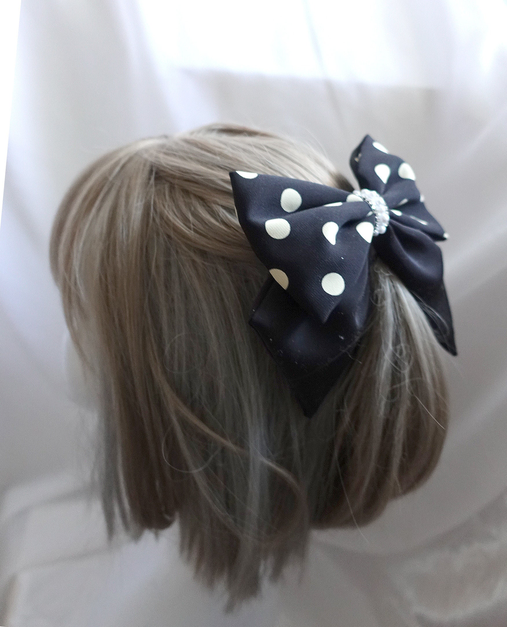 Vintage-inspired Black Polka Dots Hair Bow With Rhinestone and Pearl ...