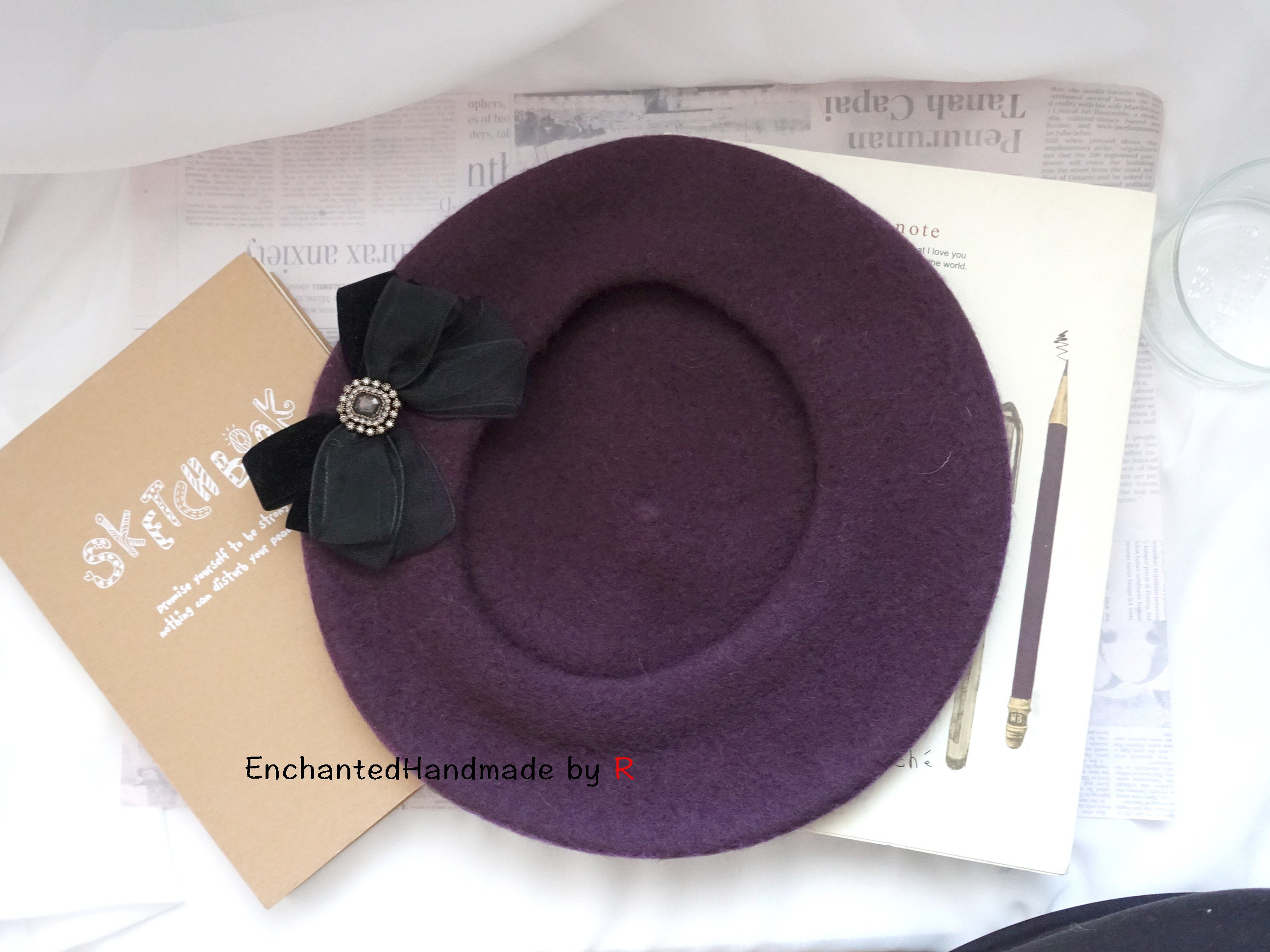 Plum Purple Wool Felt Beret Hat With Black Velvet Ribbon Bow - Etsy