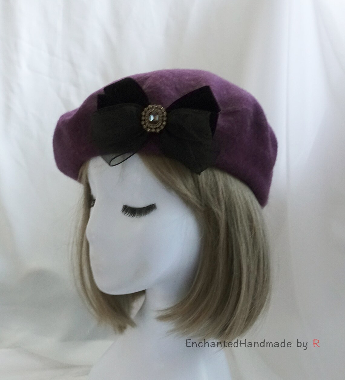 Plum Purple Wool Felt Beret Hat With Black Velvet Ribbon Bow - Etsy