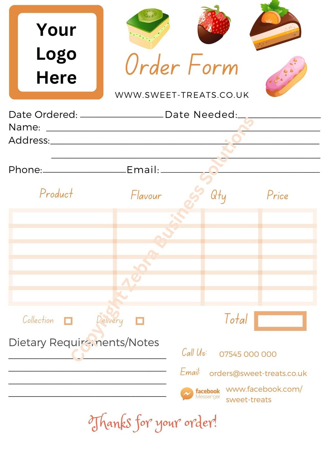 Sweet Treats Order Form Template | Bakery Template | Cake Business ...
