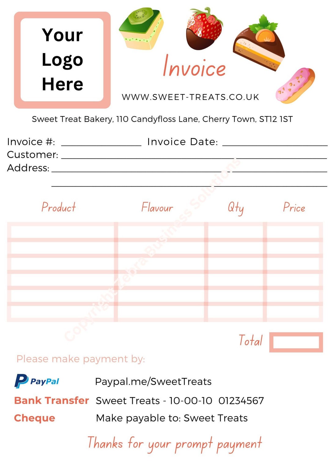 Sweet Treats Invoice Template | Bakery Template | Cake Business Invoice ...