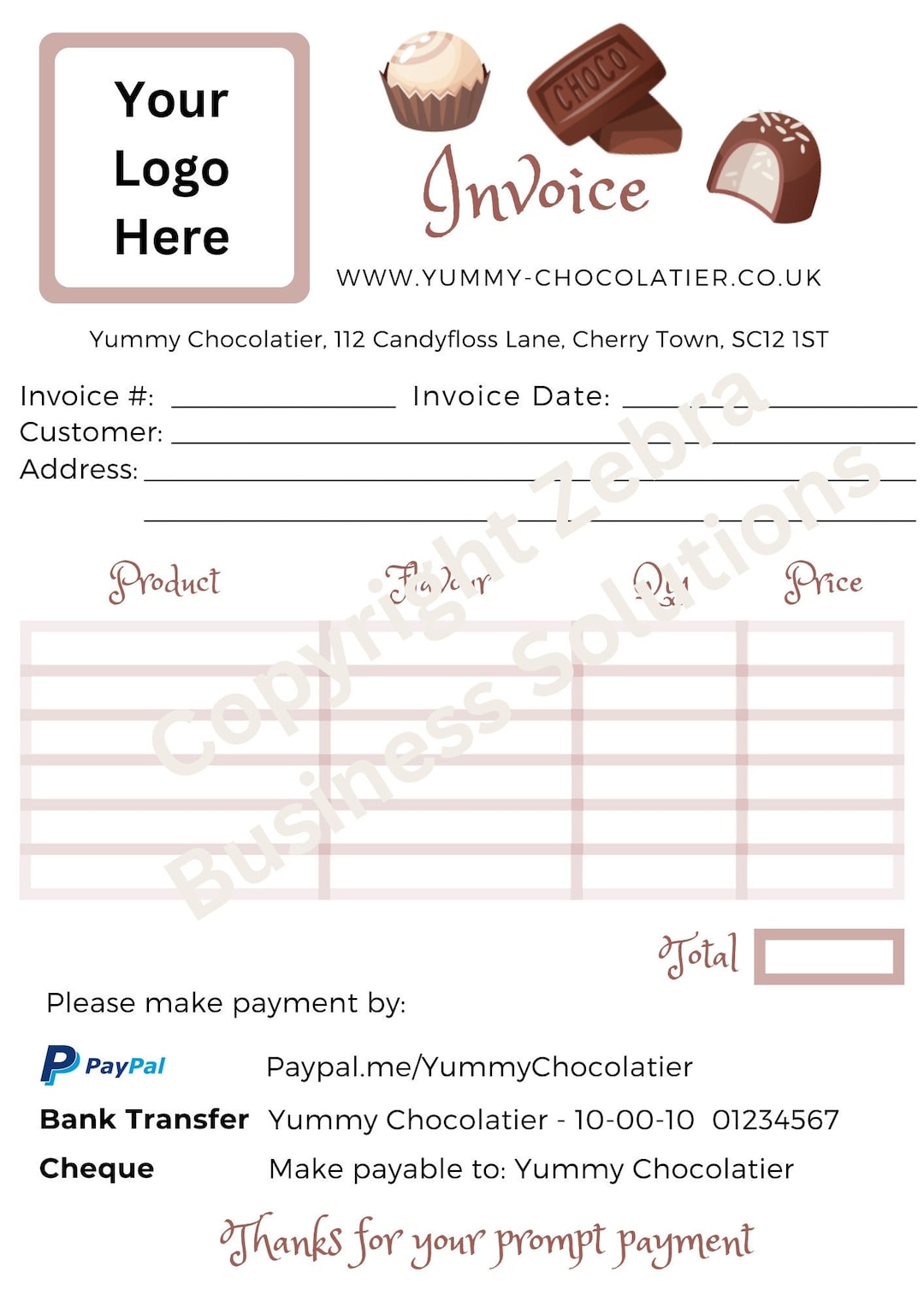 Chocolates Invoice Template | Chocolatier Template | Chocolate Business ...