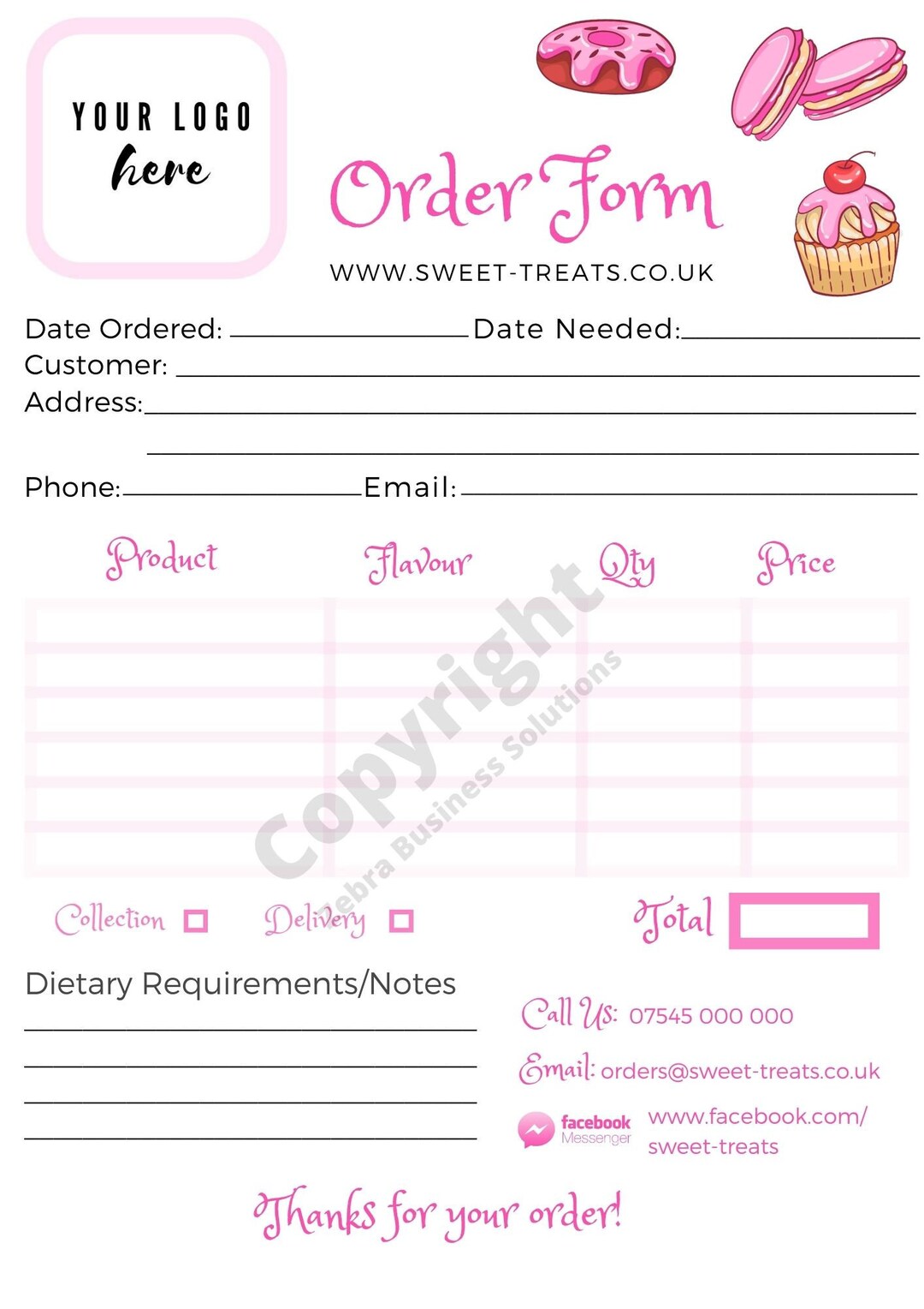 Sweet Treats Order Form Template Bakery Template Cake Business Order ...