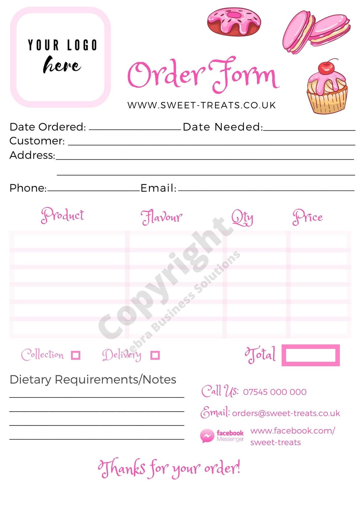 Sweet Treats Order Form Template Bakery Template Cake Business Order ...