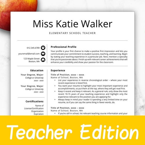 Teacher Resume Template for Word & Pages Apple Resume - Etsy