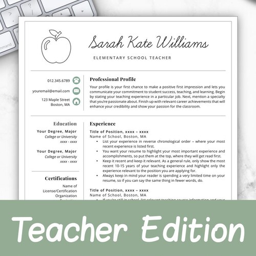 Teacher Resume Template for Word & Pages Education Resume | Etsy