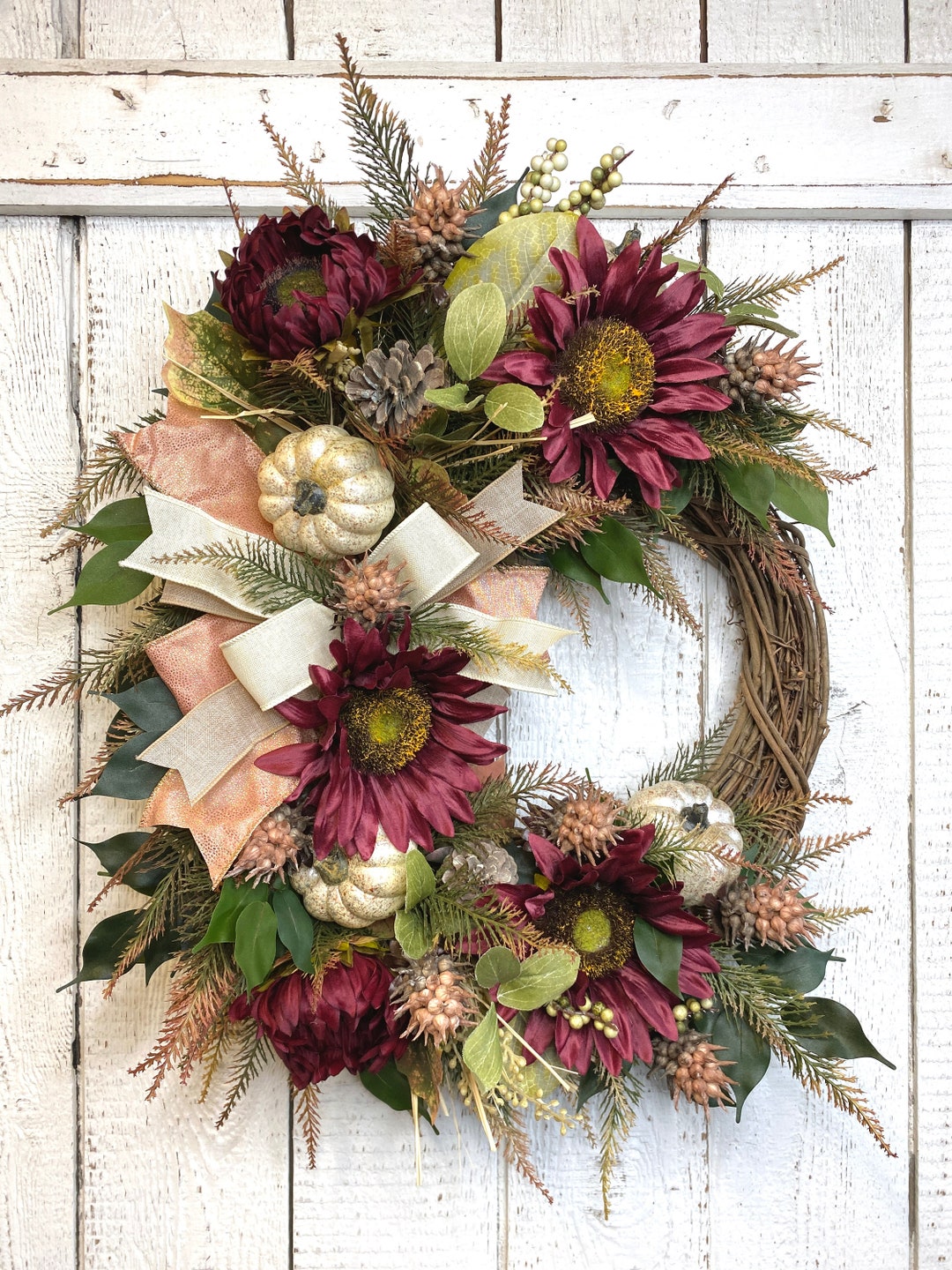 Fall Wreath, Autumn Wreath, Burgundy Sunflower Wreath, Floral Wreath ...
