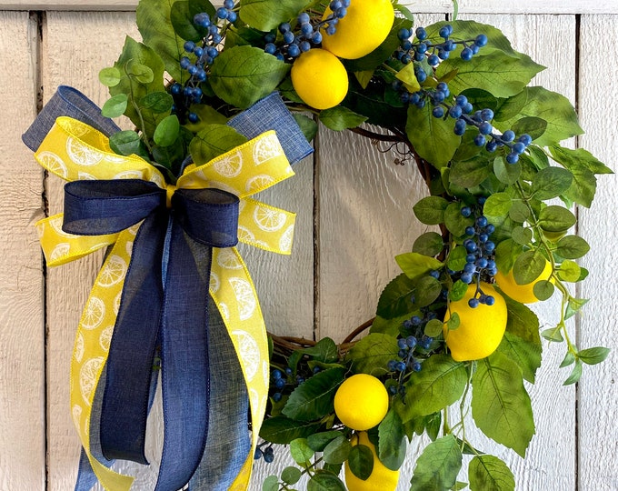 Lemon Wreath, Lemon and Blueberry Wreath, Yellow and Blue Wreath ...