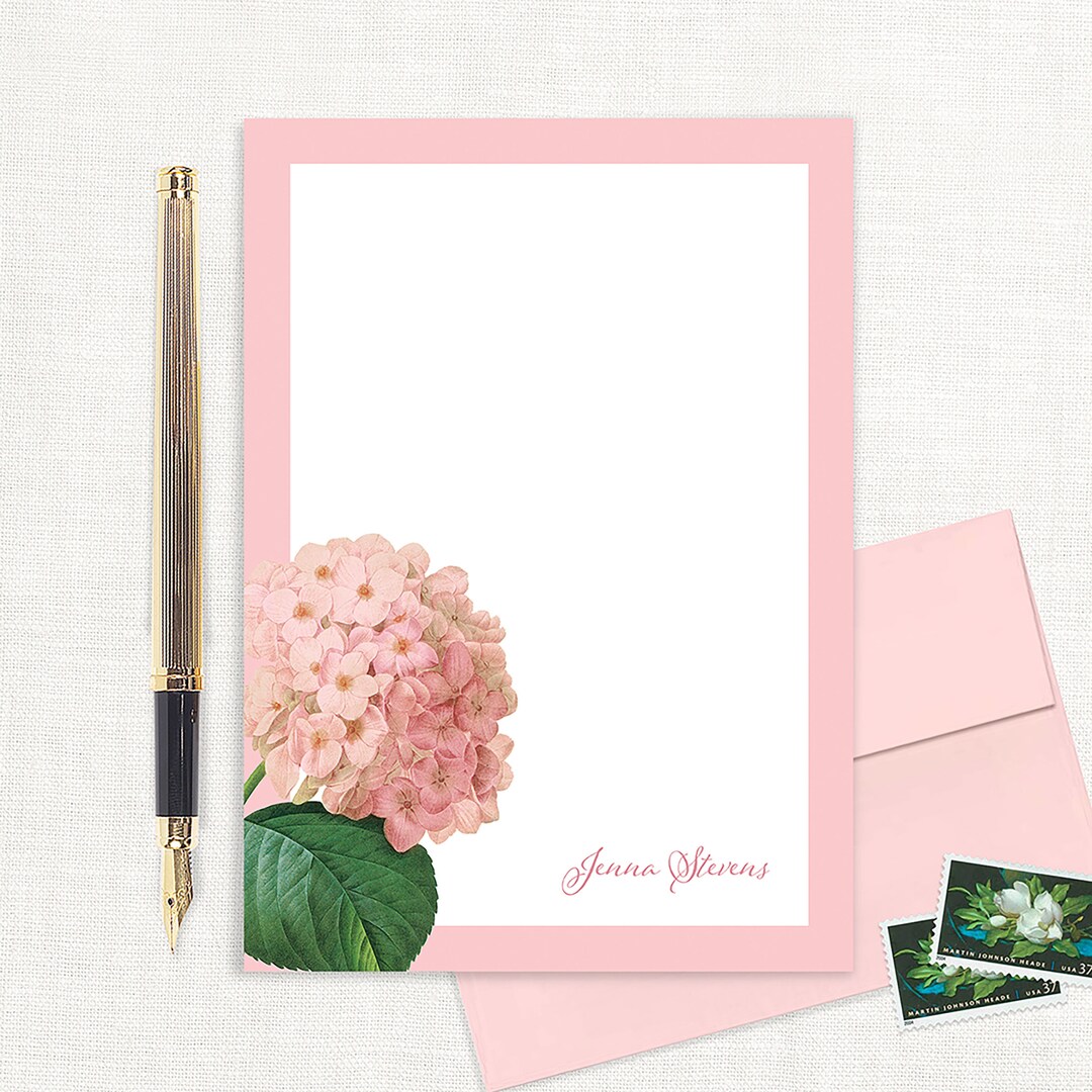 Personalized Notepad - PINK HYDRANGEA - Floral Stationery Flower Custom ...
