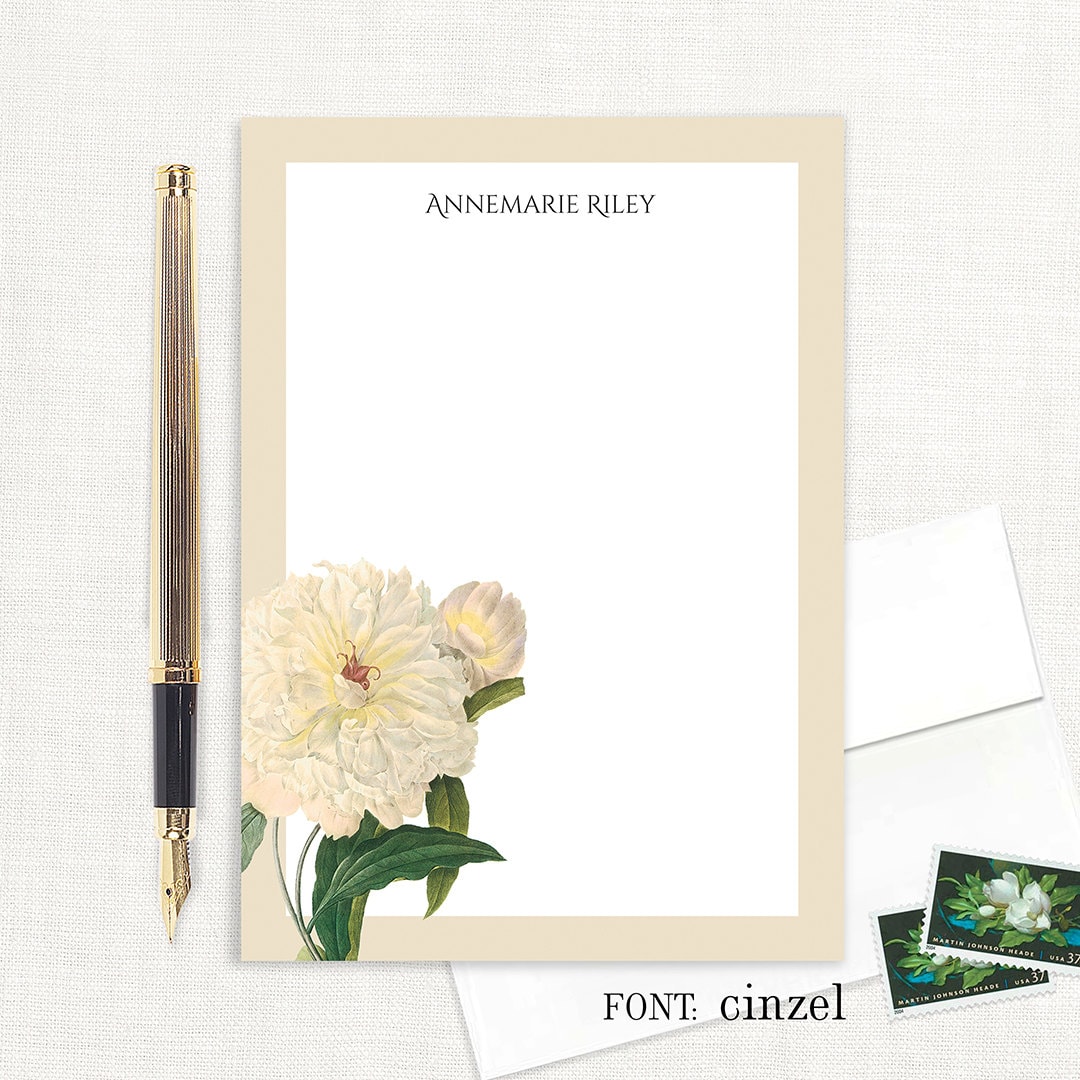 Personalized Notepad WHITE PEONY Custom Stationery | Etsy