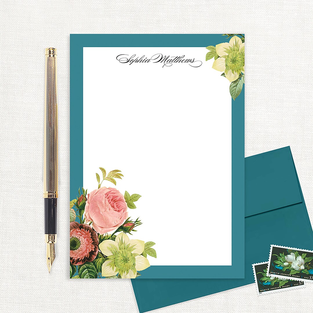 Personalized notePAD FLOWER BOUQUET pink rose stationery custom ...