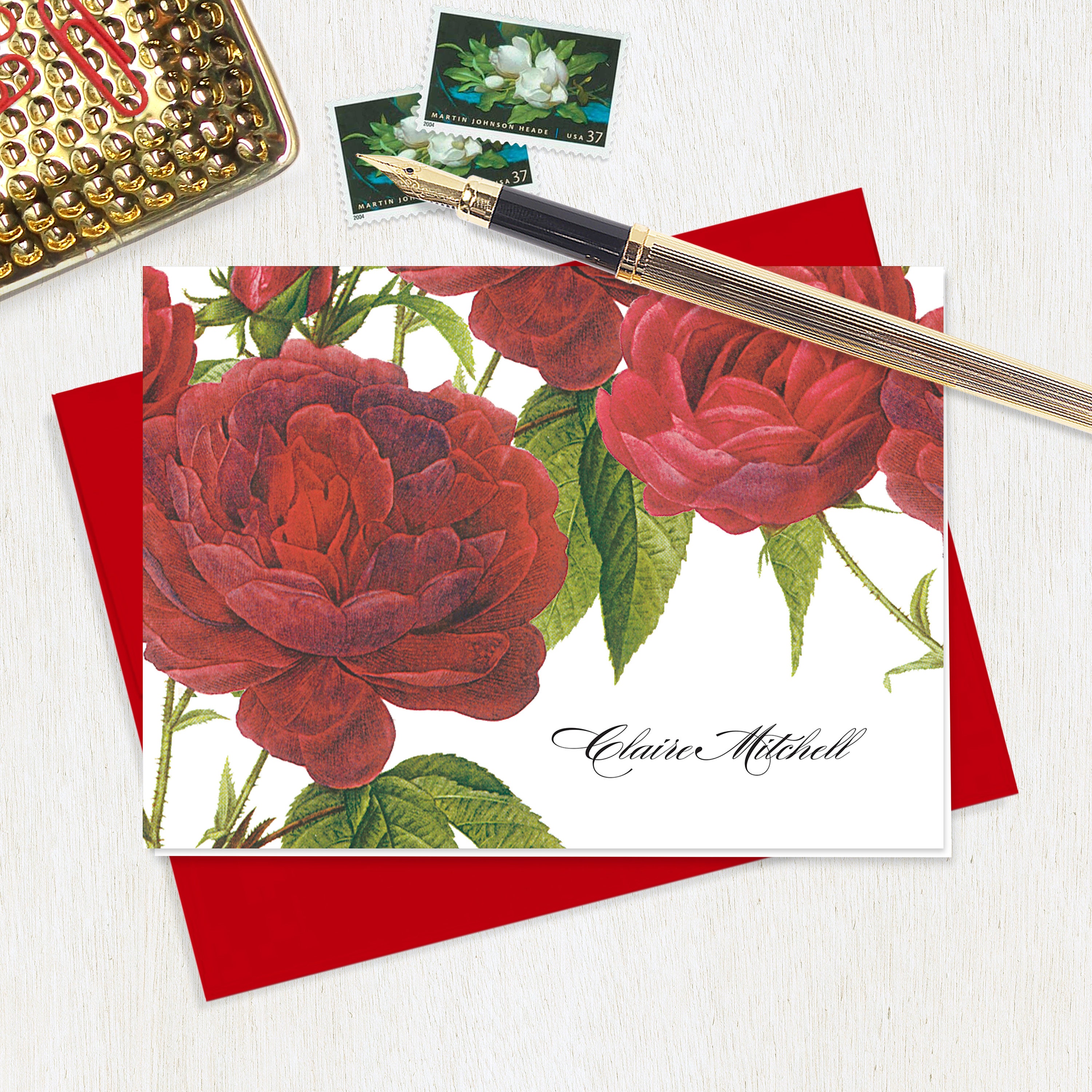 Personalized stationery set DARK RED ROSES set of 8 folded | Etsy