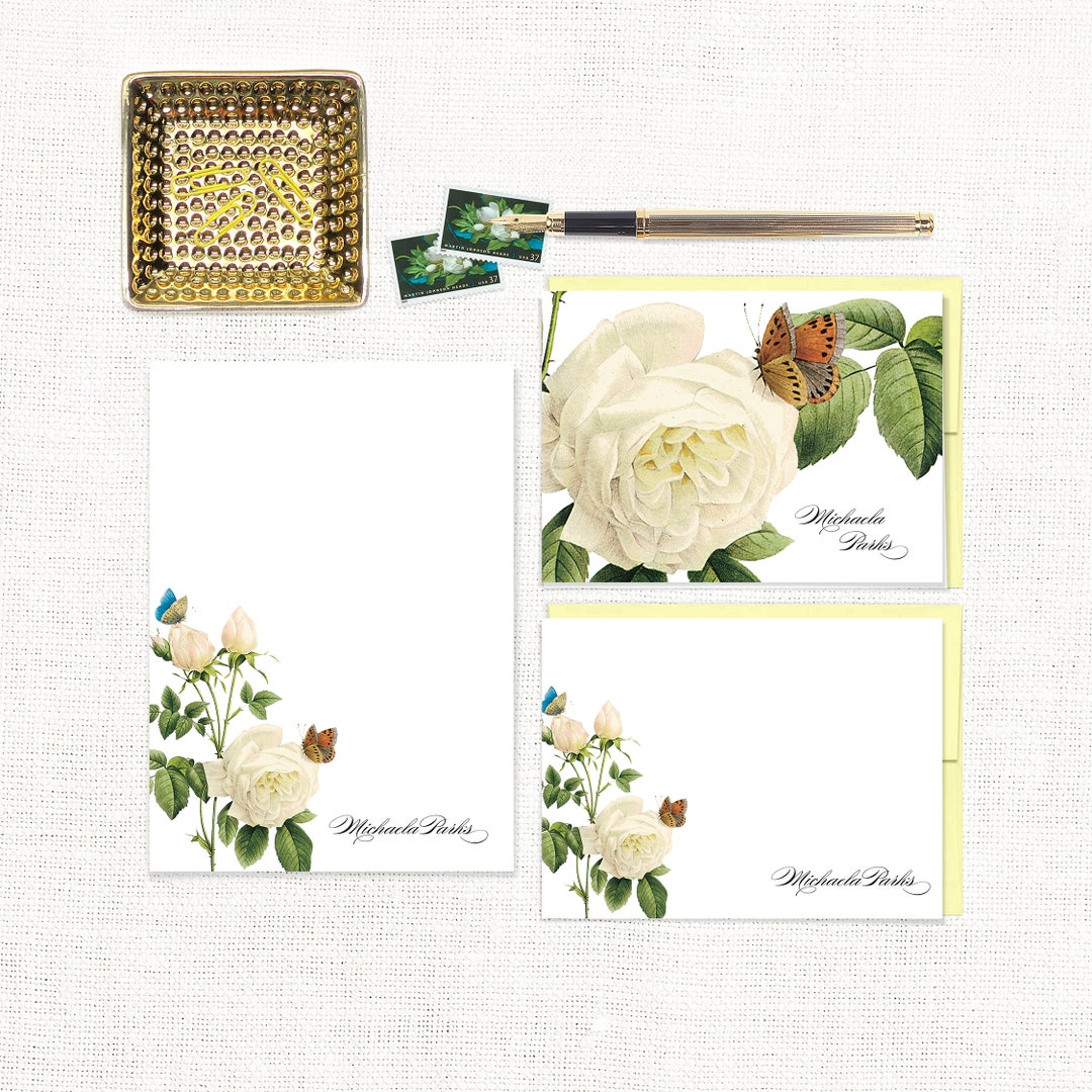 Complete Personalized Stationery Set - WHITE ROSE With BUTTERFLIES ...