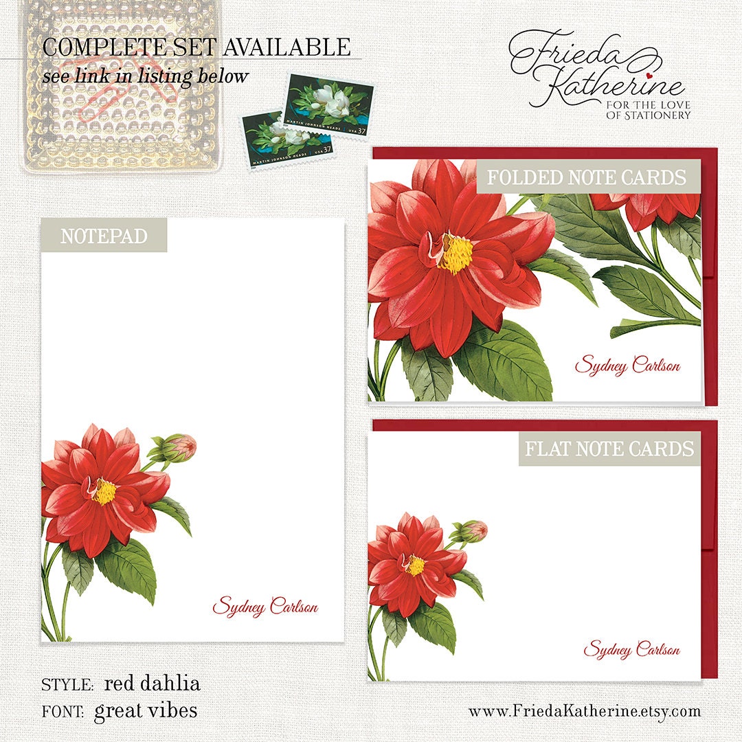 Personalized Notepad - RED DAHLIA FLOWER - Garden Lover Stationery ...