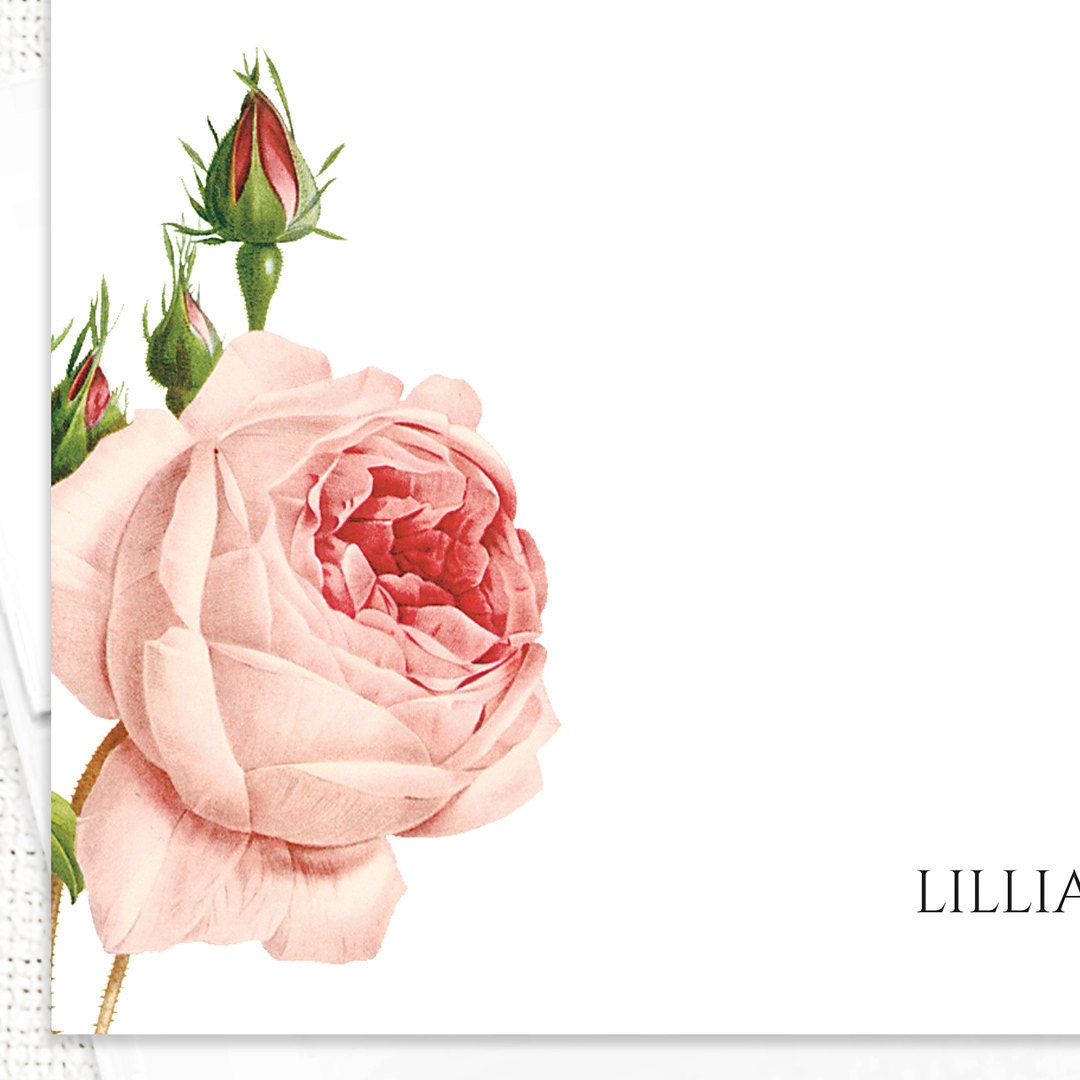 Personalized Flat Note Cards - LIGHT PINK ROSE - Flower Stationery ...
