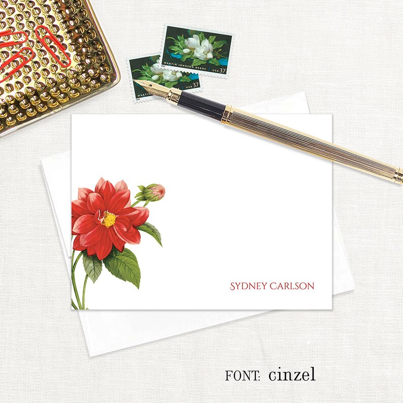 Personalized Flat Note Cards - RED DAHLIA FLOWER - Pretty Floral ...