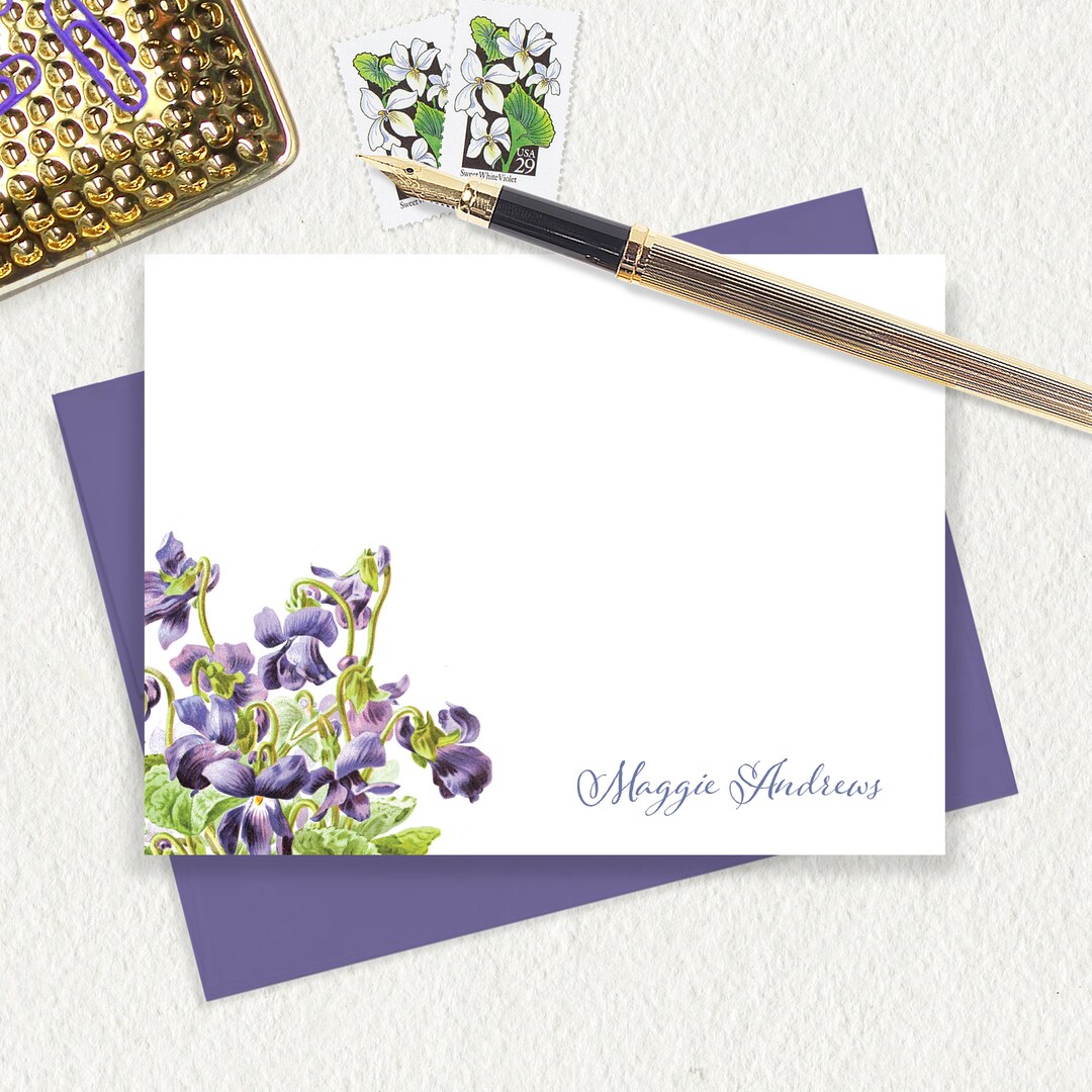 Personalized Flat Note Cards - PURPLE VIOLETS - Floral Stationery ...