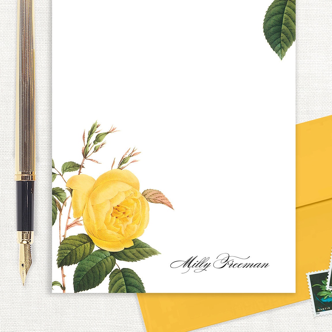 Personalized notePAD YELLOW ROSE floral stationery custom | Etsy