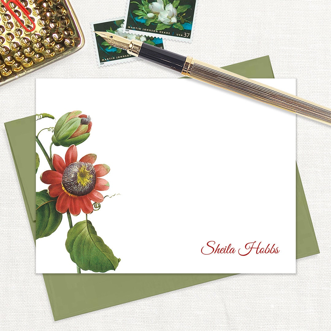 Personalized Flat Note Cards - PASSION FLOWER - Floral Stationery ...