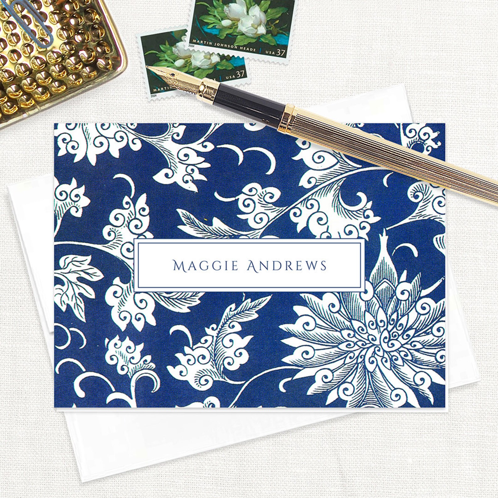 Personalized Stationery Set BLUE and WHITE Leafy FLORAL | Etsy