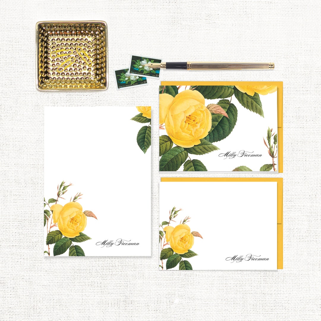 Complete Personalized Stationery Set - YELLOW ROSE - Pretty Botanical ...