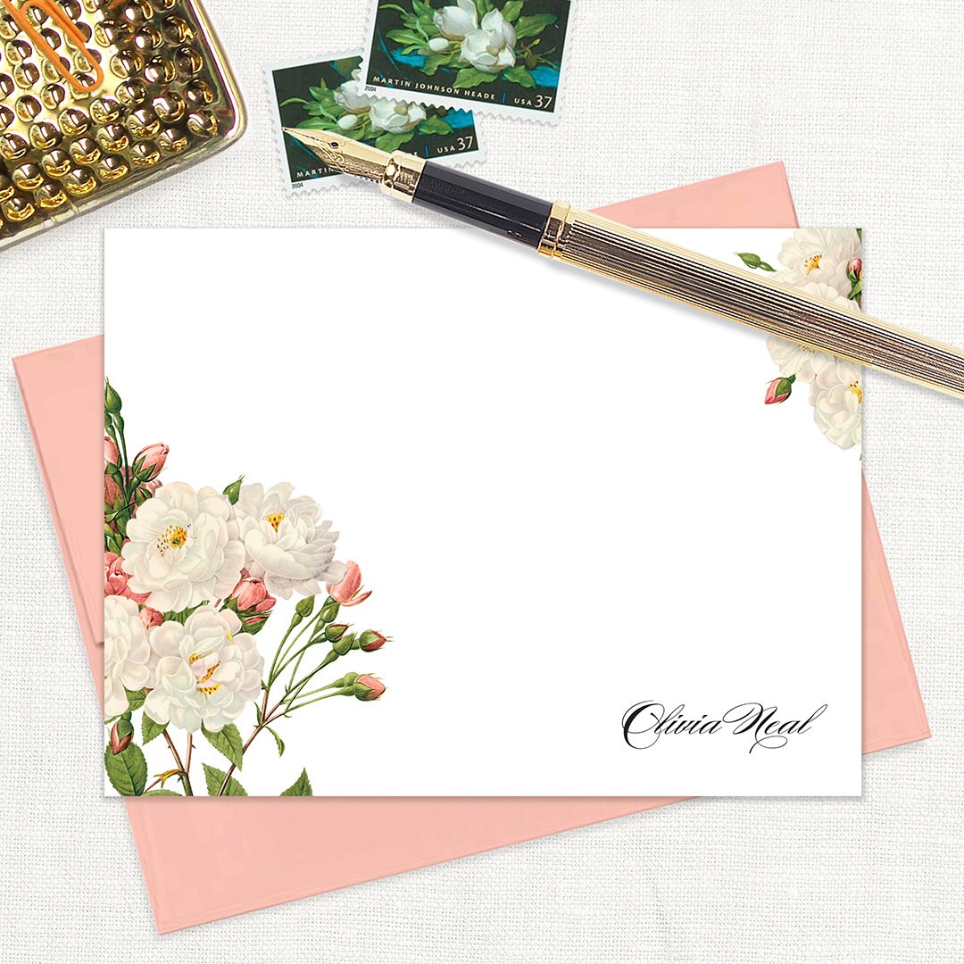Personalized Flat Note Cards - WHITE and CORAL Wild ROSES - Flower ...