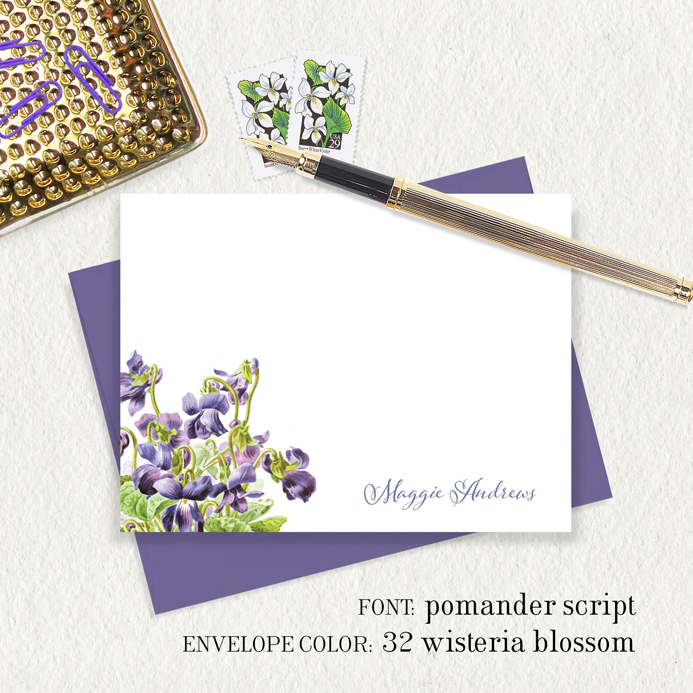 Personalized Flat Note Cards PURPLE VIOLETS Floral | Etsy