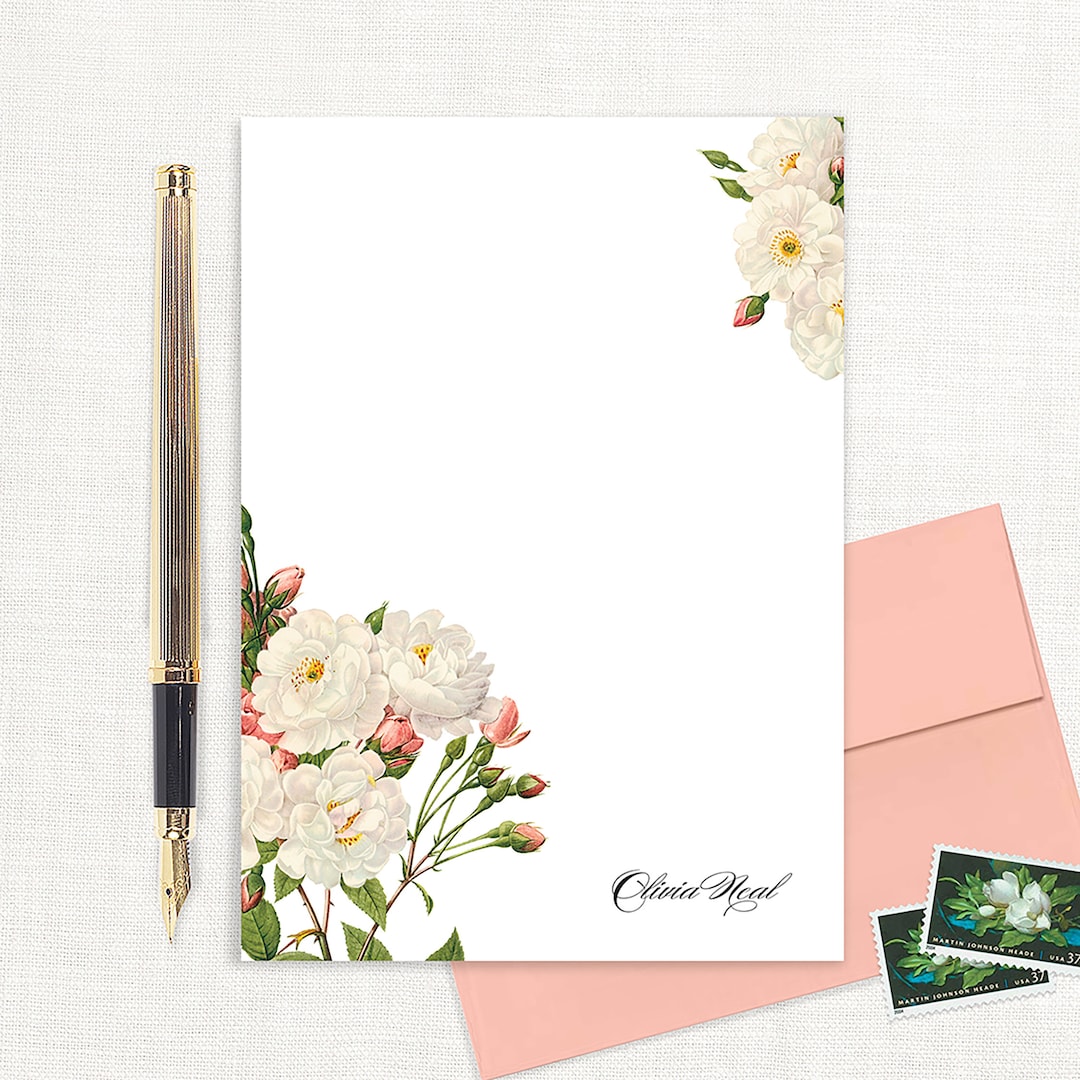 Personalized Notepad - WHITE and CORAL Wild ROSES - Floral Stationery ...