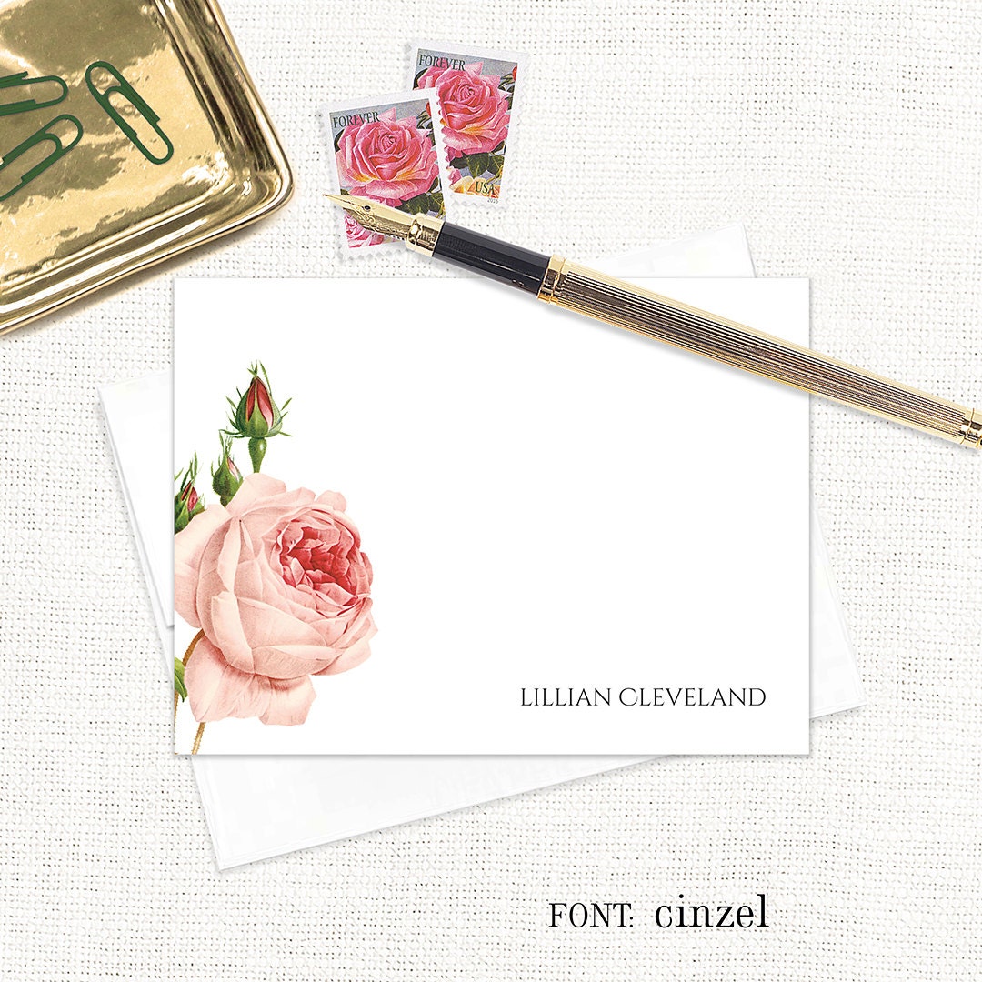 Personalized Flat Note Cards - LIGHT PINK ROSE - Flower Stationery ...