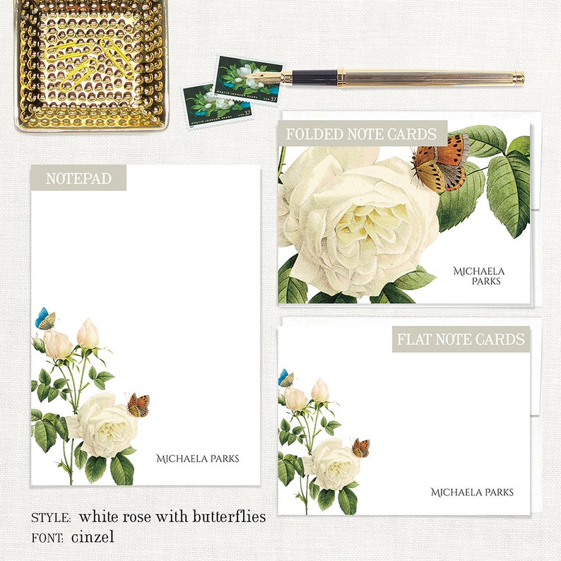 Complete Personalized Stationery Set - WHITE ROSE With BUTTERFLIES ...