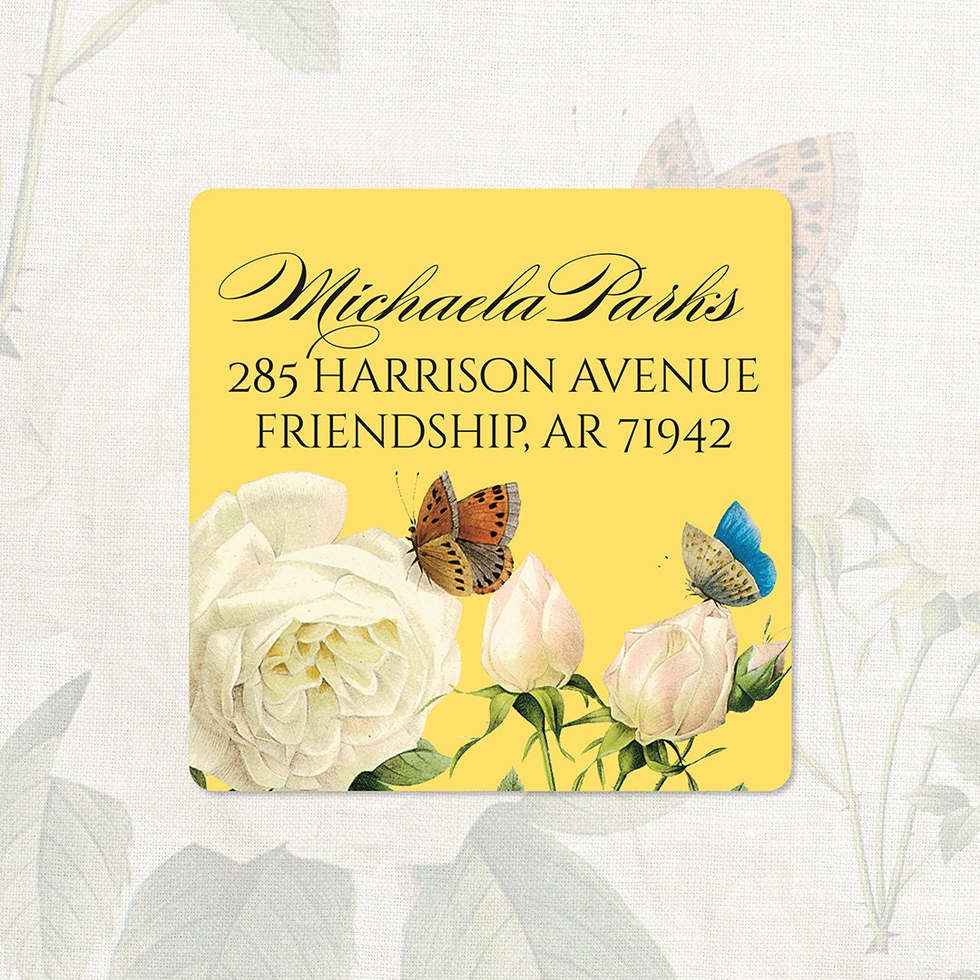 Personalized Return Address Label - WHITE ROSE With BUTTERFLIES ...