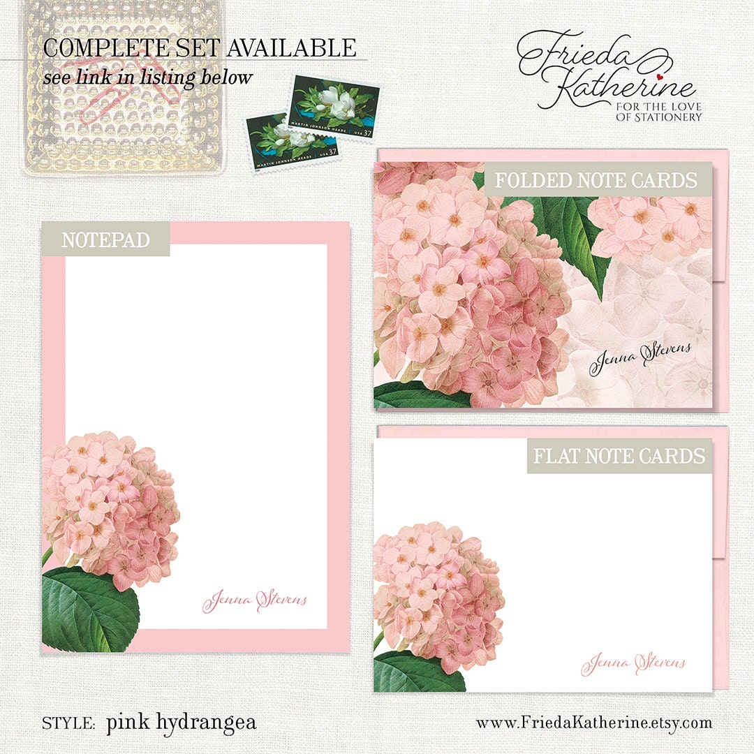 Personalized Notepad - PINK HYDRANGEA - Floral Stationery Flower Custom ...