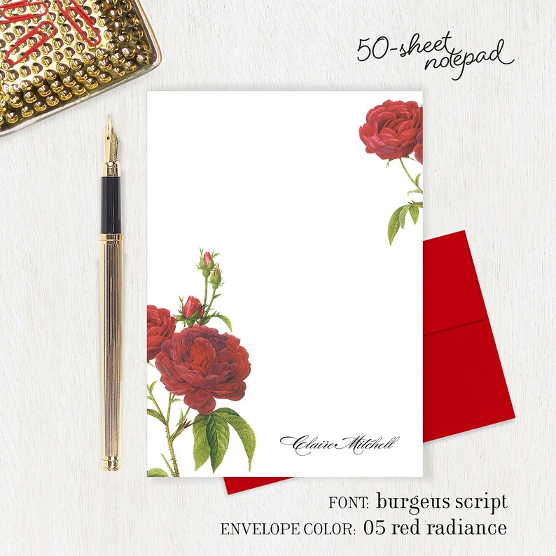 Personalized Notepad - DARK RED ROSES - Floral Stationery Botanical ...