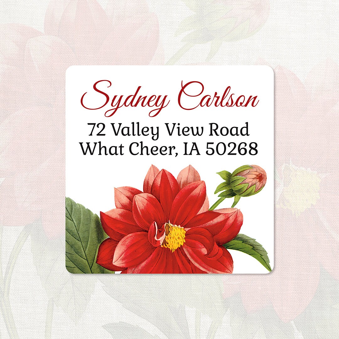 Personalized Return Address Label - RED DAHLIA FLOWER - Square Label ...