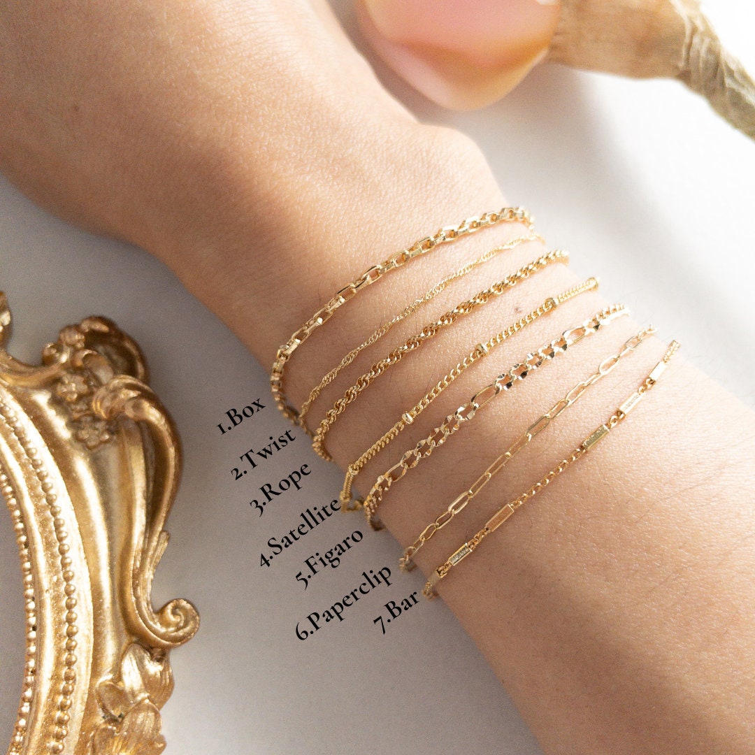 18K Gold Chain Bracelet • Bar Chain • Paperclip Chain • Figaro Chain ...