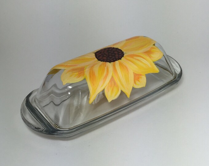 Sunflower Butter Dish, Kitchen Glassware, Hand Painted Glass, Sunflower ...