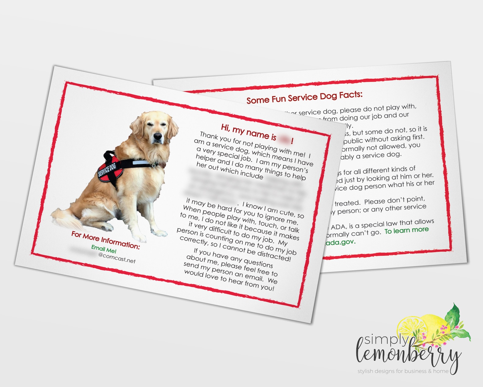 Custom Service Dog Information Cards Personalized Service Dog | Etsy