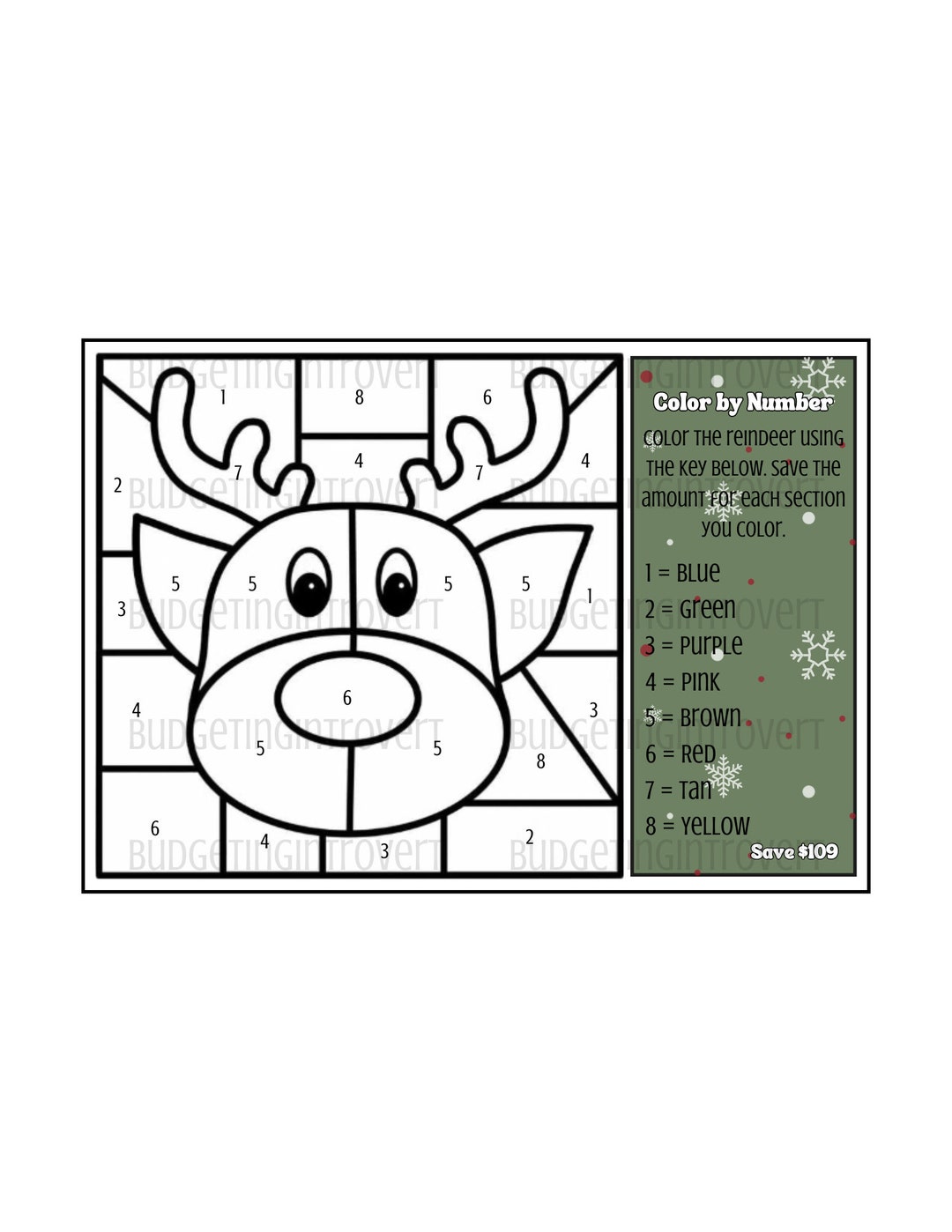 Reindeer Color by Number Savings Challenge | Digital Download - Etsy