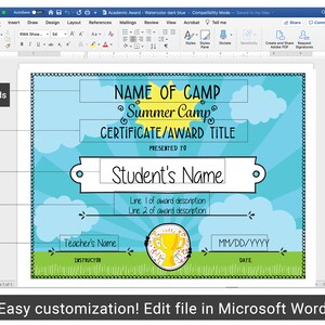 Summer Camp Certificate or Award Template for Kids - Digital Download ...