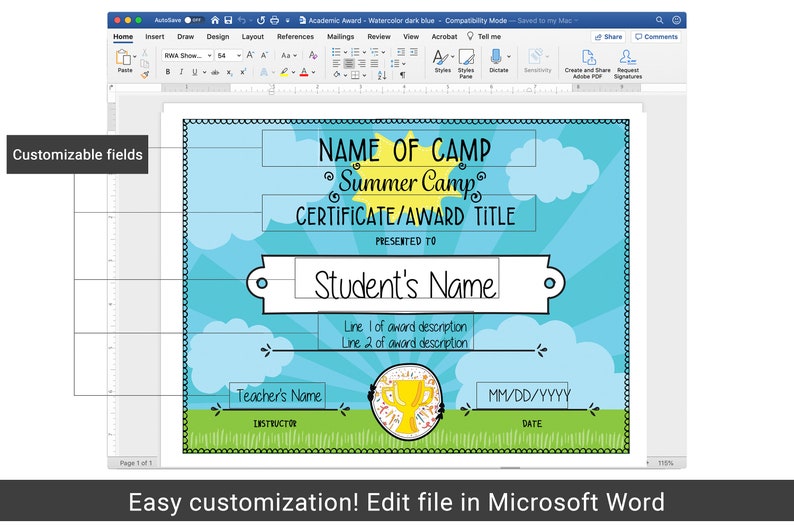 Summer Camp Certificate or Award Template for Kids Digital | Etsy