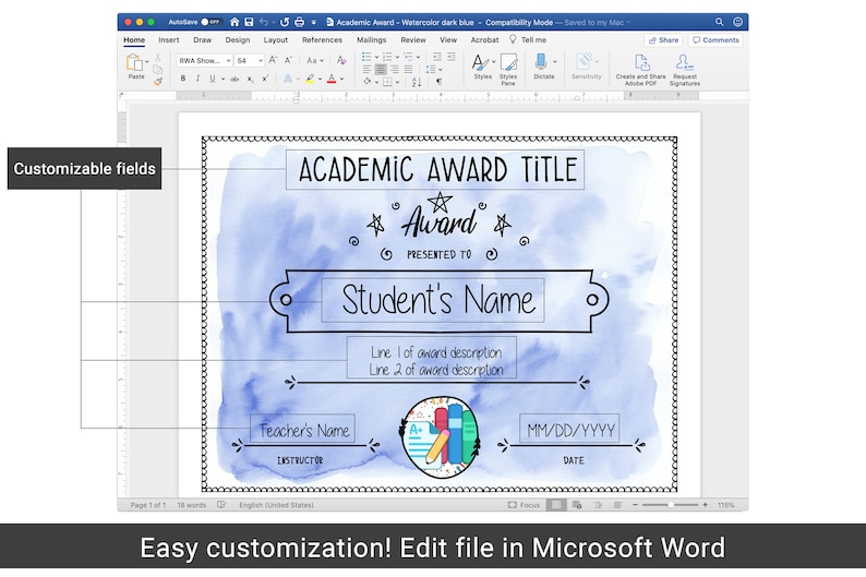 Academic Award Certificate Template for Kids - Digital Download - Etsy